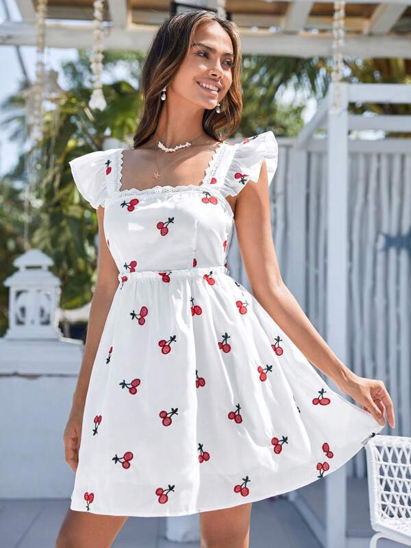 SHEIN WYWH Vestido con estampado de cereza de espalda abierta con ...