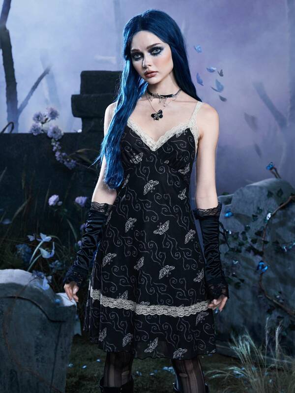 Corpse Bride | ROMWE Butterfly Print Contrast Lace Cami Dress | SHEIN USA