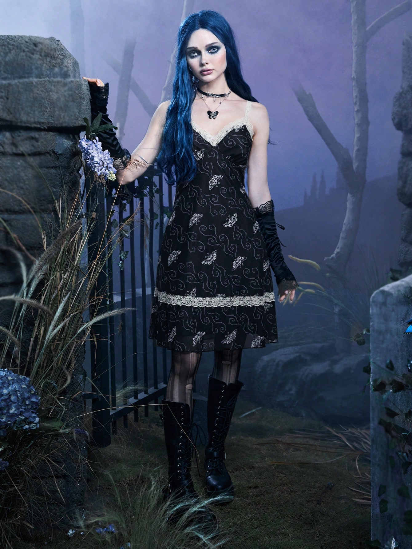 Corpse Bride | ROMWE Butterfly Print Contrast Lace Cami Dress | SHEIN UK