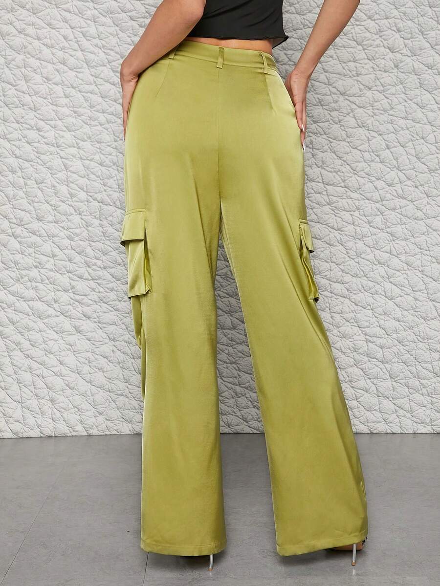 Mienne Satin Flap Pocket Side Wide Leg Cargo Pants Shein Usa