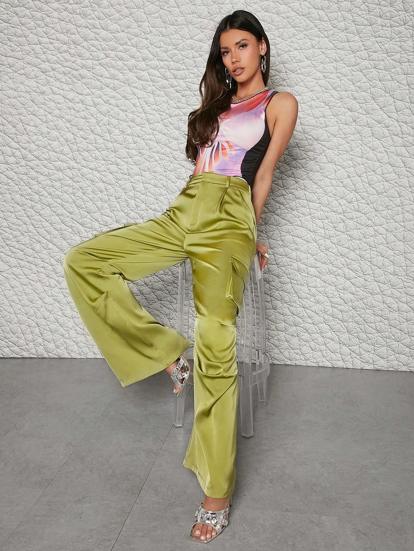 Mienne Satin Flap Pocket Side Wide Leg Cargo Pants Shein Usa