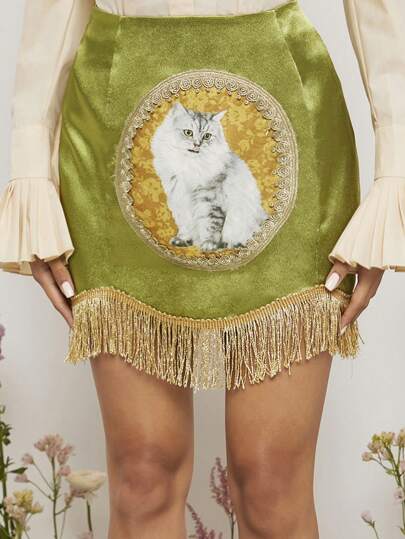 SHEINNeu Cat Pattern Fringe Hem Skirt | SHEIN UK