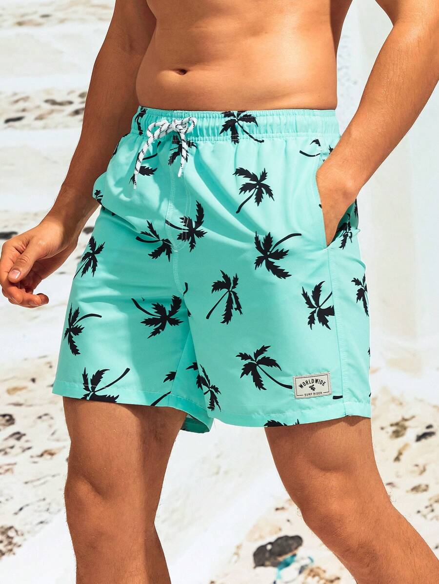Manfinity Swimmode Men Tropical Print Drawstring Waist Patched Detail ...