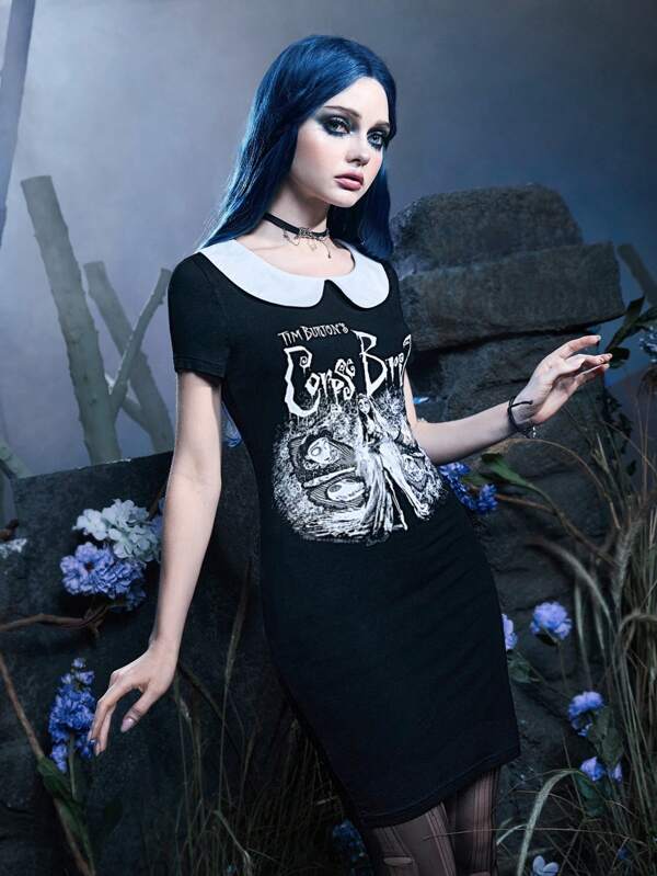 Corpse Bride | ROMWE Letter Graphic Contrast Collar Dress | SHEIN USA