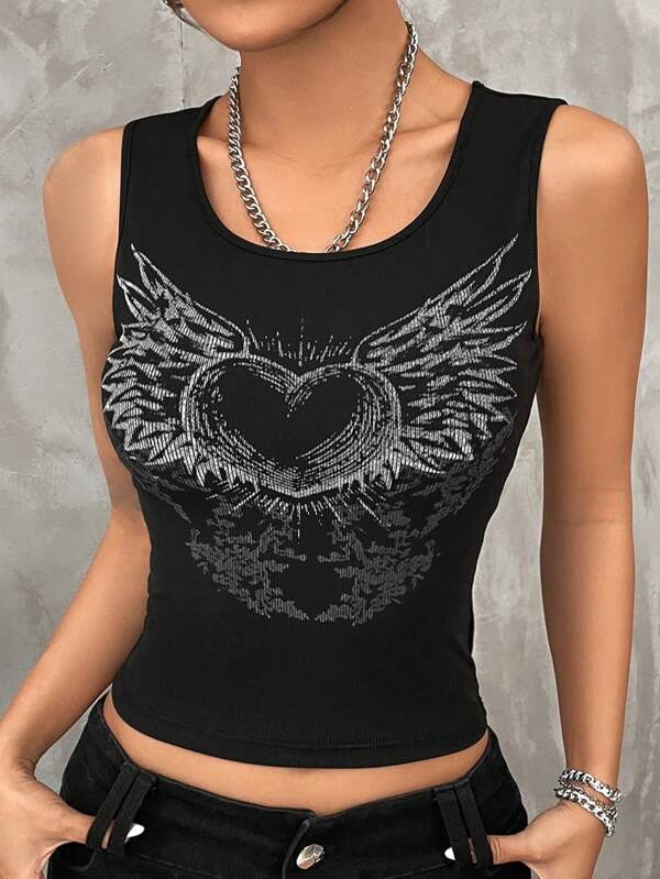 Grunge Heart And Wing Print Tank Top Shein Uk