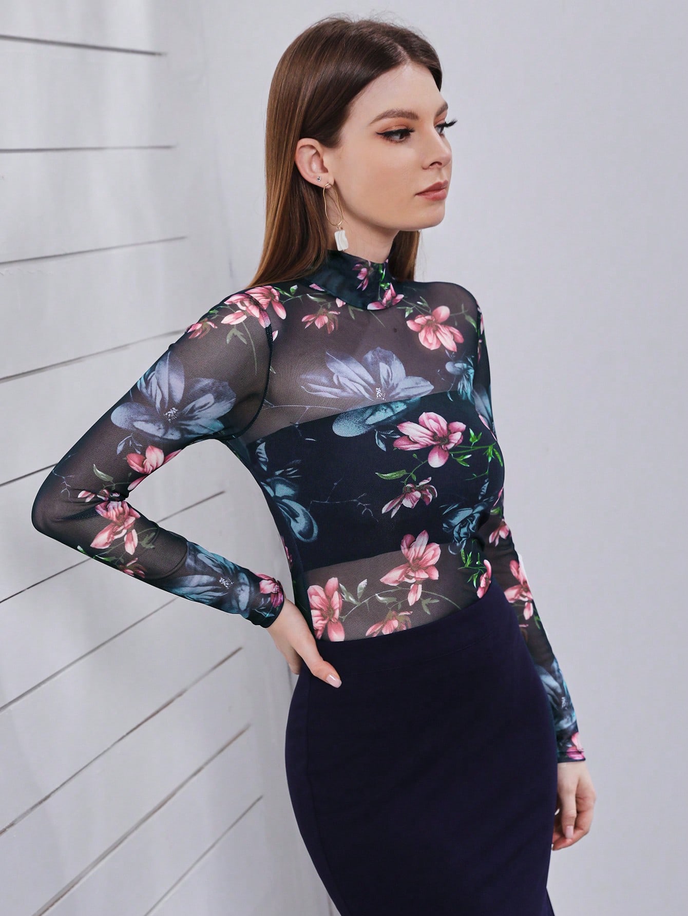 Shein Modely Mock Neck Floral Mesh Top Without Bandeau Shein Usa