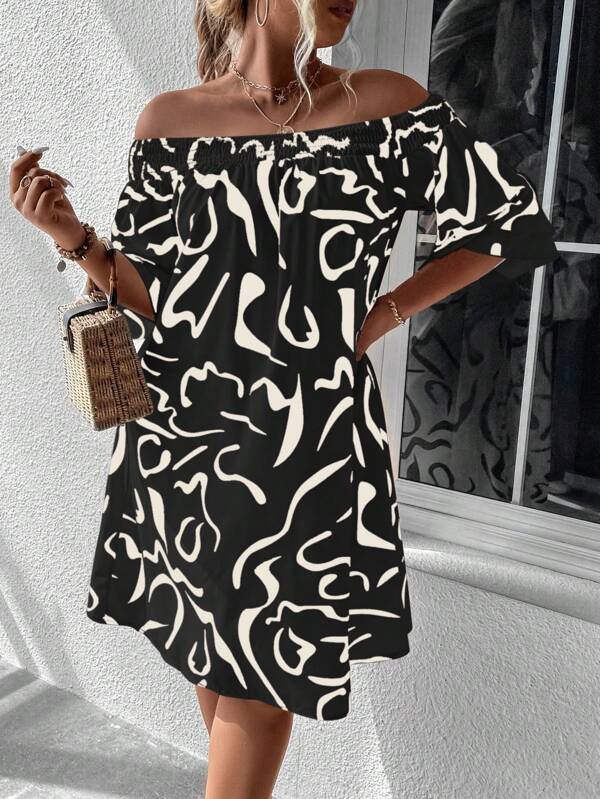 Shein Lune Plus Allover Print Off Shoulder Flounce Sleeve Dress Shein Usa