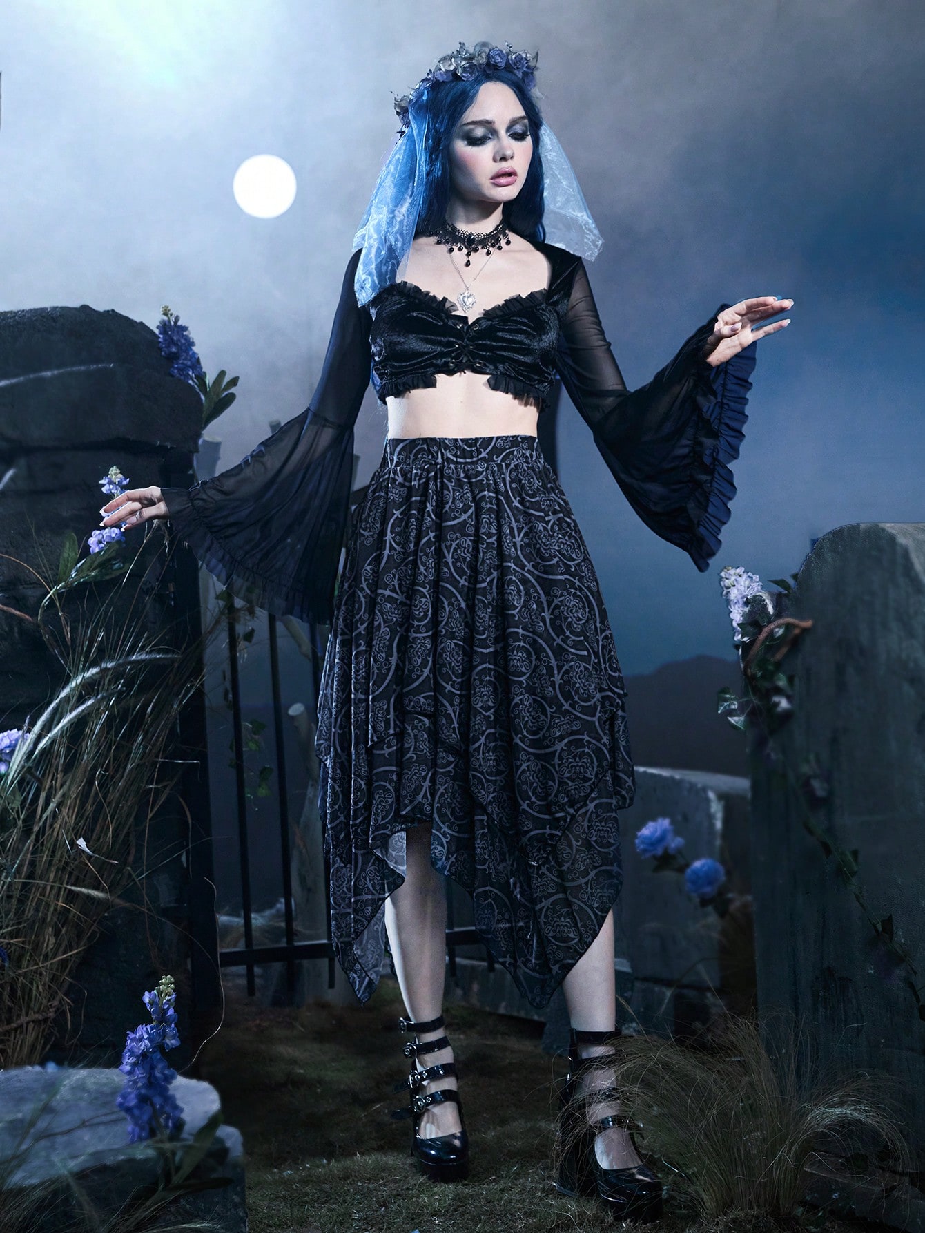 Corpse Bride | ROMWE Saias estampas de borboletas bainha do lenço malha ...