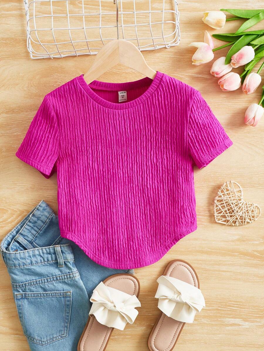 SHEIN Tween Girls' Cute Round Ribbed Neck Short Sleeve T-Shirt With ...