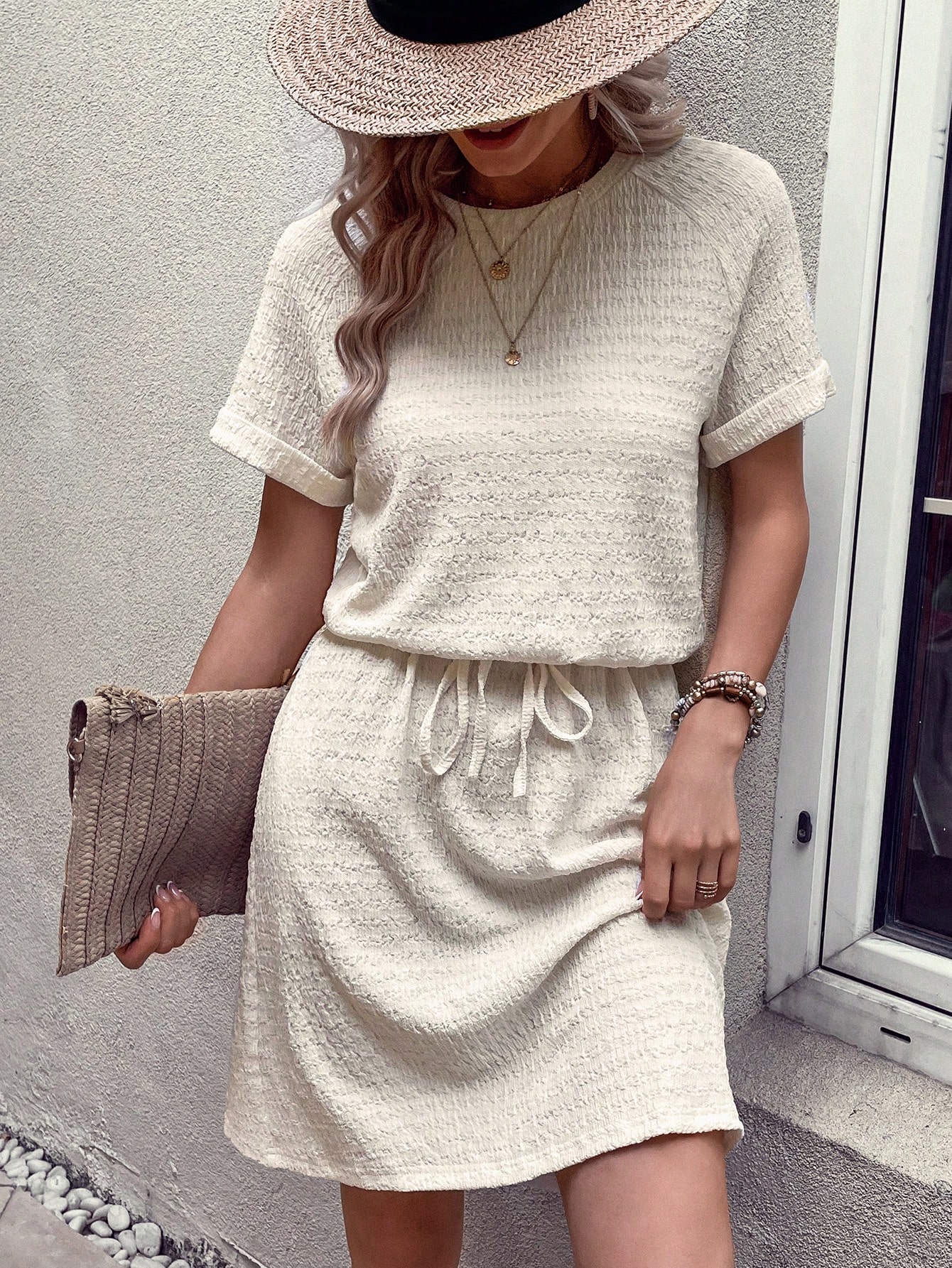 SHEIN LUNE Solid Raglan Sleeve Drawstring Waist Dress | SHEIN USA