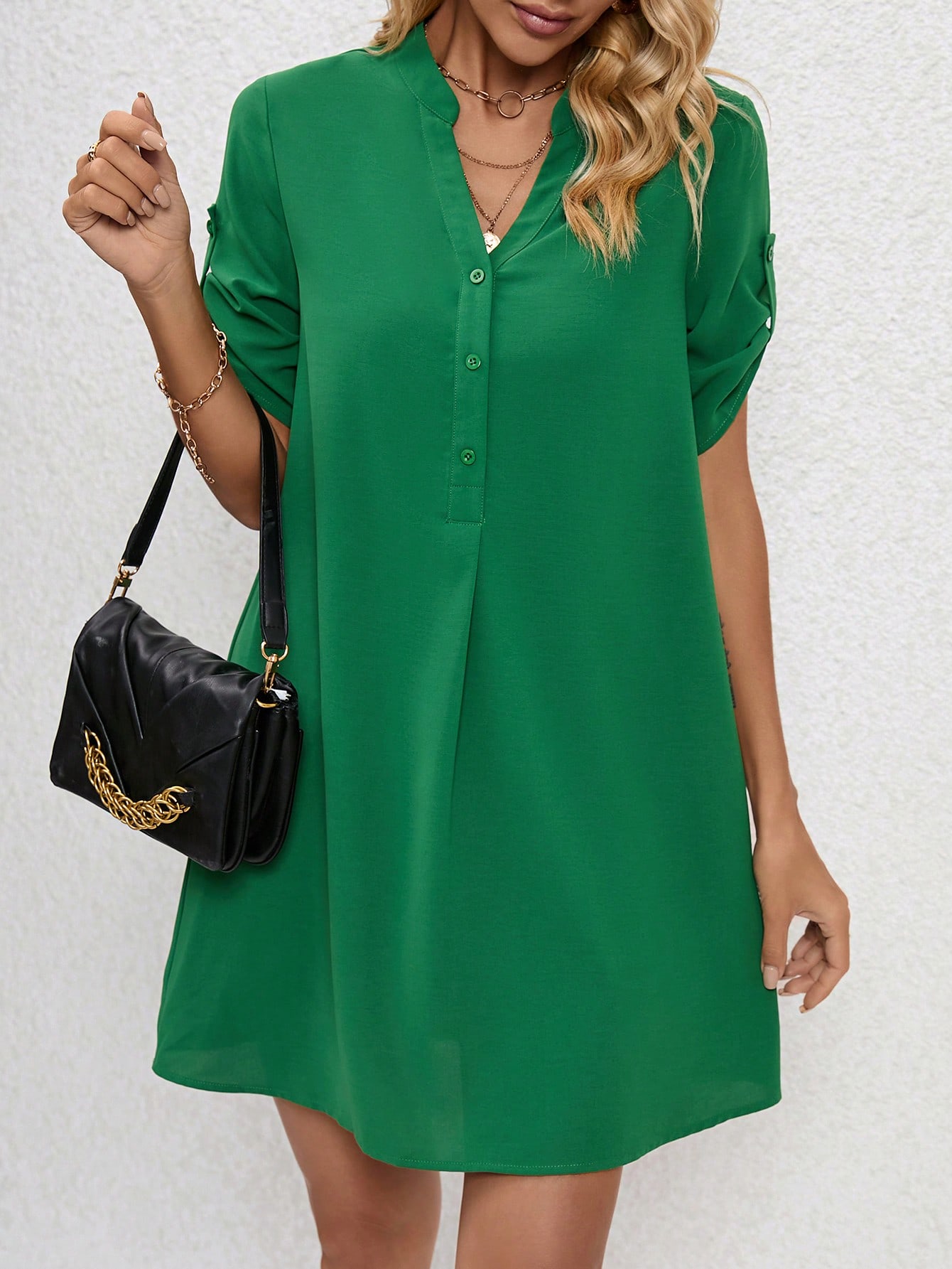 Shein Lune Roll Tab Sleeve Half Button Shirt Dress Shein Usa