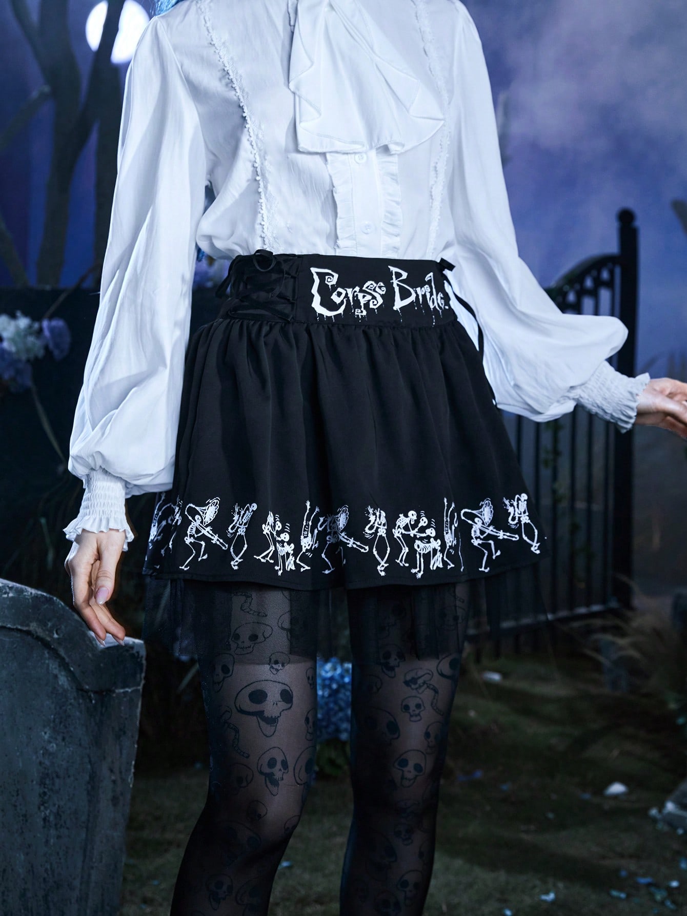 Corpse Bride | ROMWE Skeleton Print Lace Up Contrast Mesh Skirt | SHEIN UK