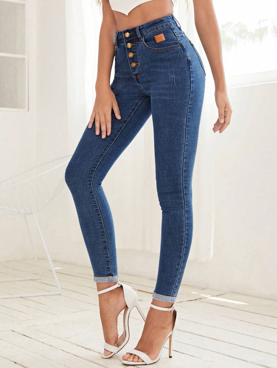 SHEIN Essnce Button Fly Skinny Jeans | SHEIN USA