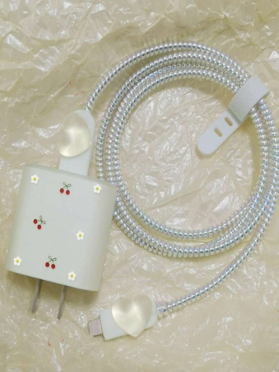 1set Cherry Pattern Anti-breakage Data Cable Protector & Charger Head ...