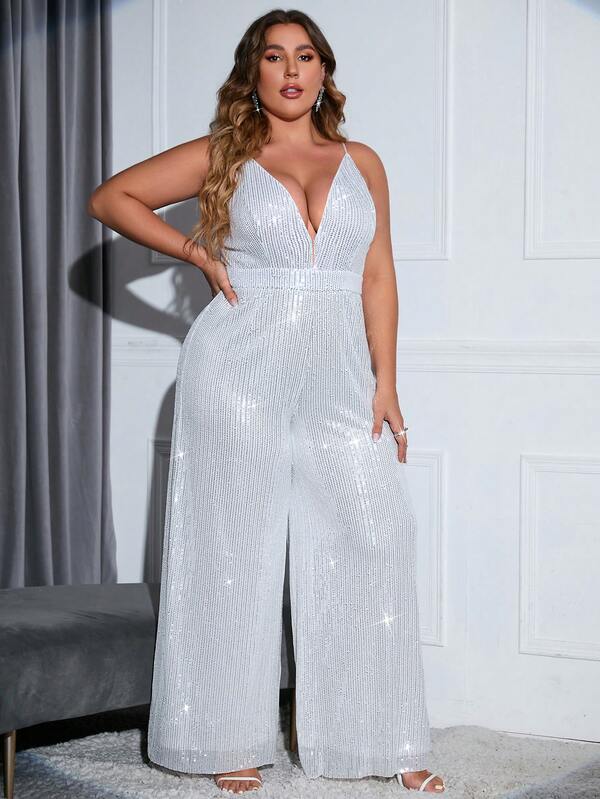 Double Crazy Plus Plunging Neck Sequin Cami Jumpsuit | SHEIN USA
