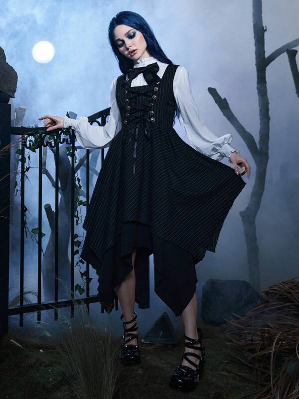 Goth Striped Lace Up Asymmetrical Hem Dress | SHEIN USA