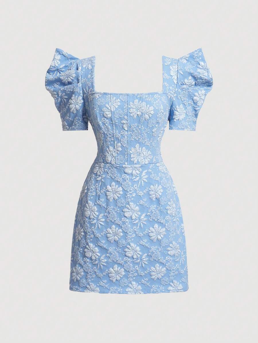 SHEIN MOD Floral Jacquard Square Neck Puff Sleeve Dress,Pastel Dresses ...