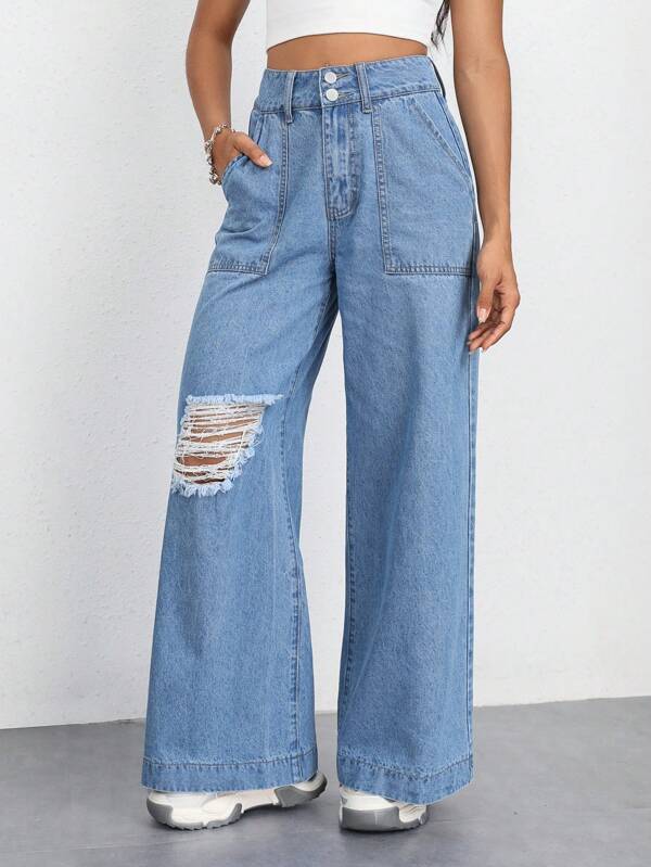 Ripped Wide Leg Jeans | SHEIN USA