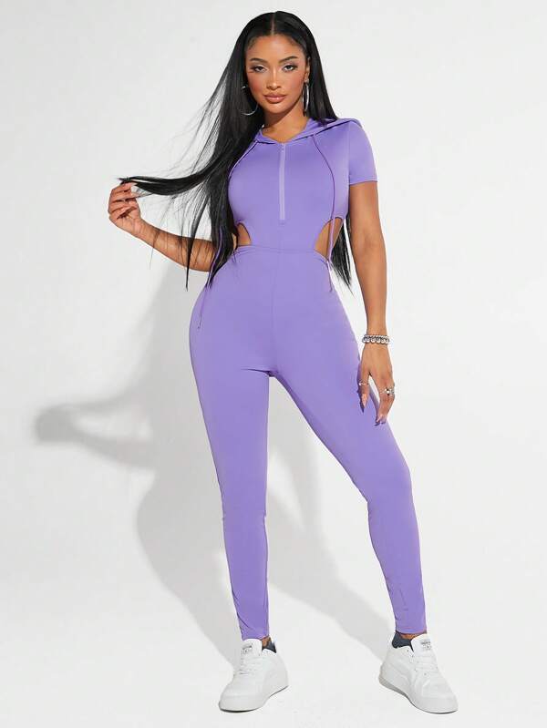 SHEIN SXY Zip Up Cut Out Waist Hooded Unitard Jumpsuit | SHEIN