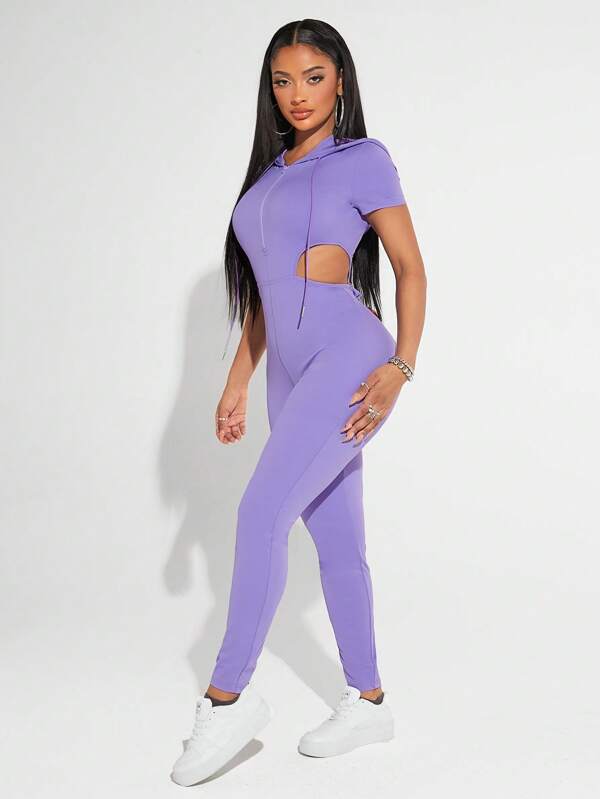Shein Sxy Zip Up Cut Out Waist Hooded Unitard Jumpsuit Shein