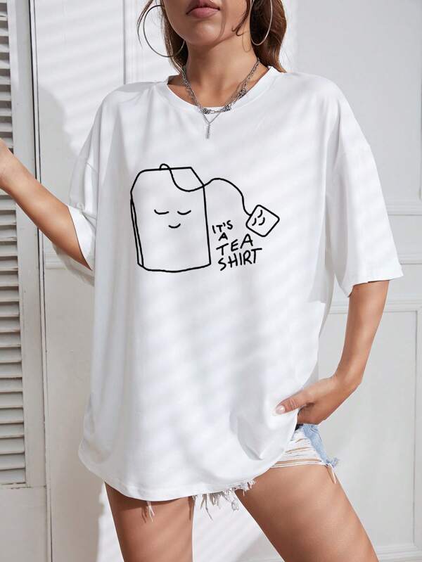 Cartoon And Slogan Graphic Drop Shoulder Oversized Tee Shein Usa