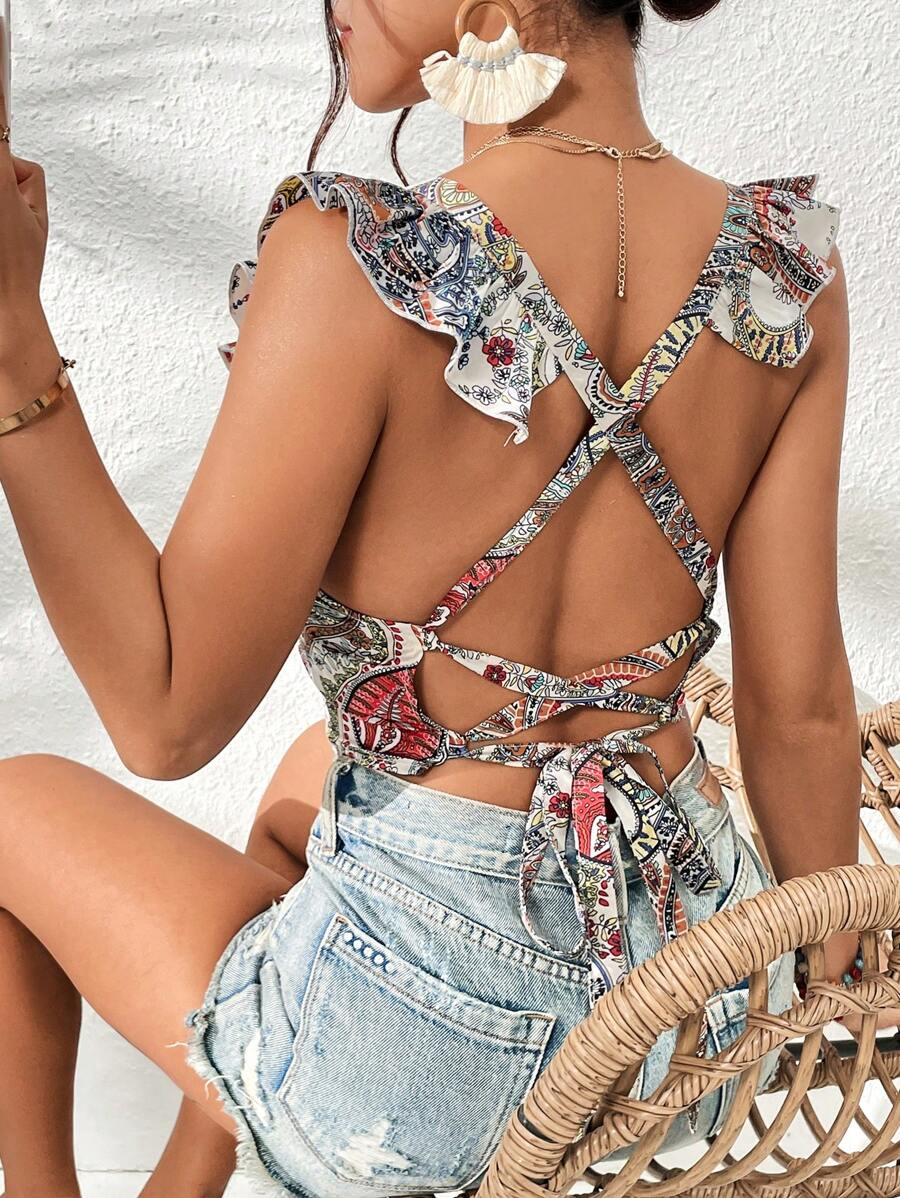 Shein Vcay Summer Women Paisley Print Crisscross Tie Backless Ruffle