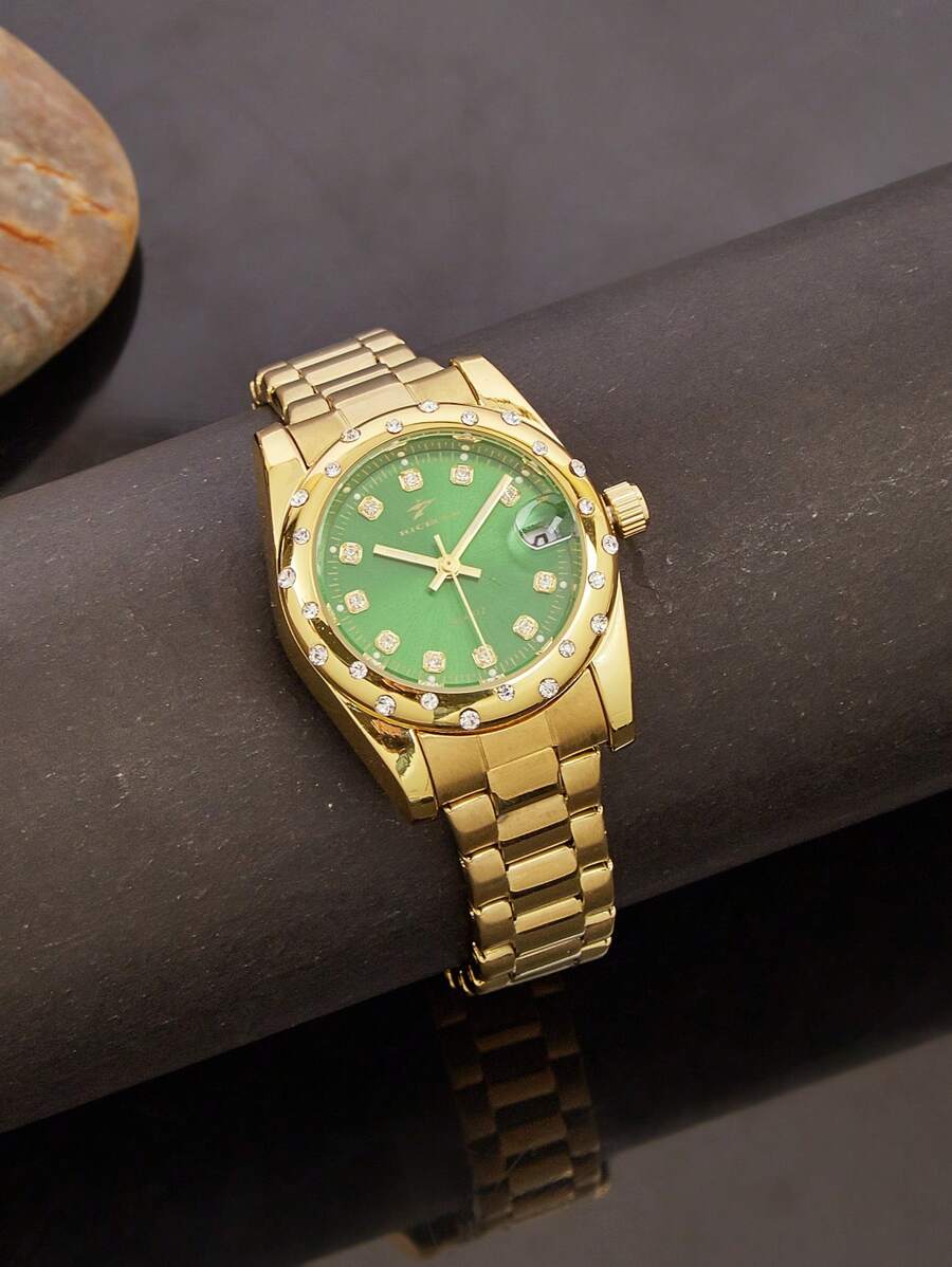 RICECGO 1pc Women Gold Stainless Steel Strap Fashion Rhinestone Decor ...