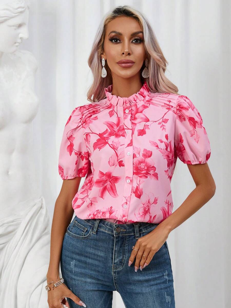 SHEIN Privé Floral Print Frill Trim Puff Sleeve Blouse | SHEIN USA