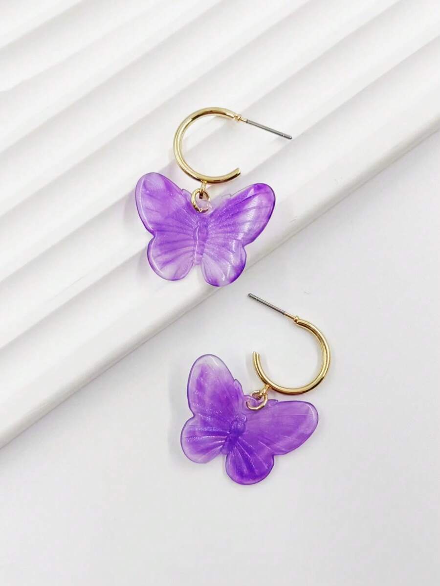 1pair Acrylic Purple Butterfly & Metallic C Design Lovely Drop Earrings ...