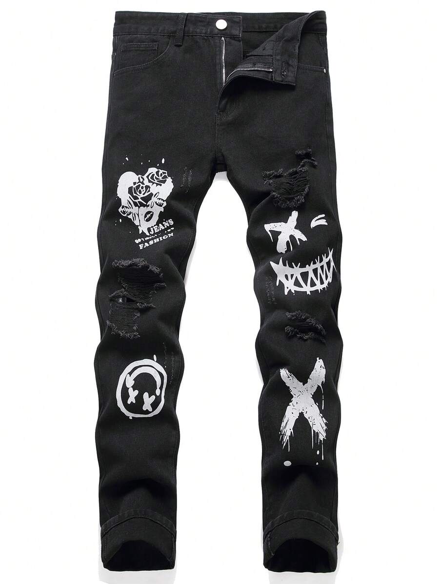 Men Cotton Floral & Cartoon Graphic Ripped Frayed Jeans | SHEIN USA