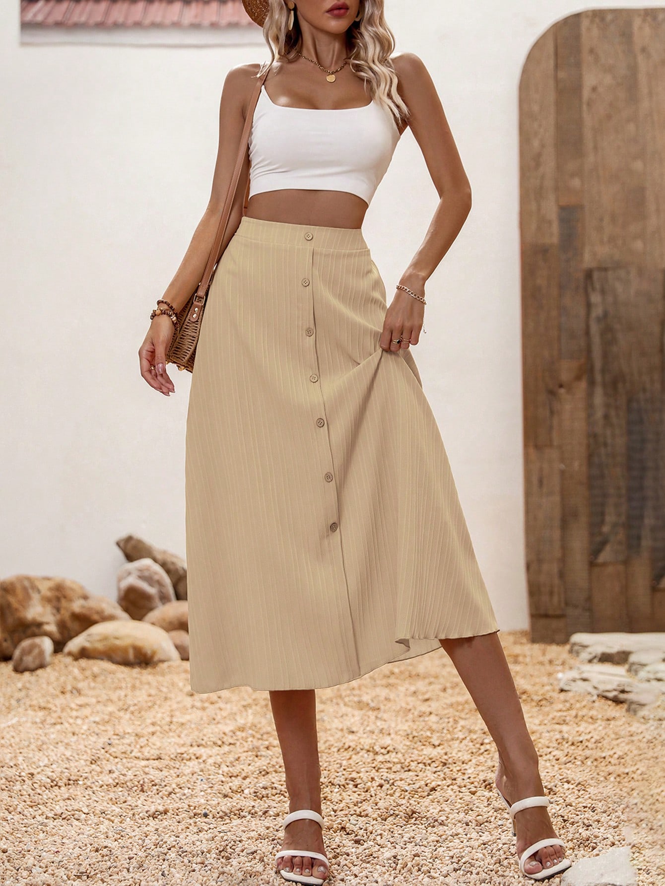 SHEIN VCAY Saias cintura alta botão frontal | SHEIN Brasil
