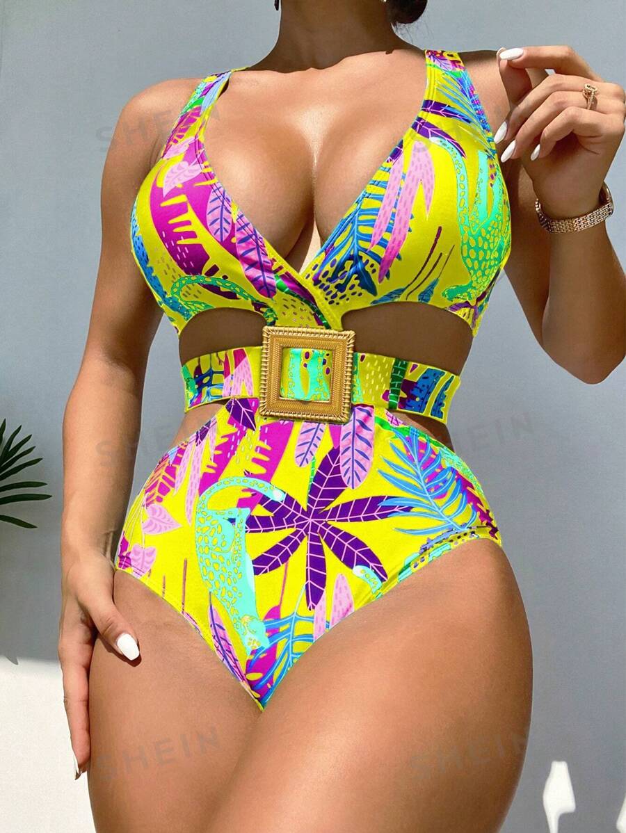Tropical Print Cut Out Belted One Piece Swimsuit Shein Usa