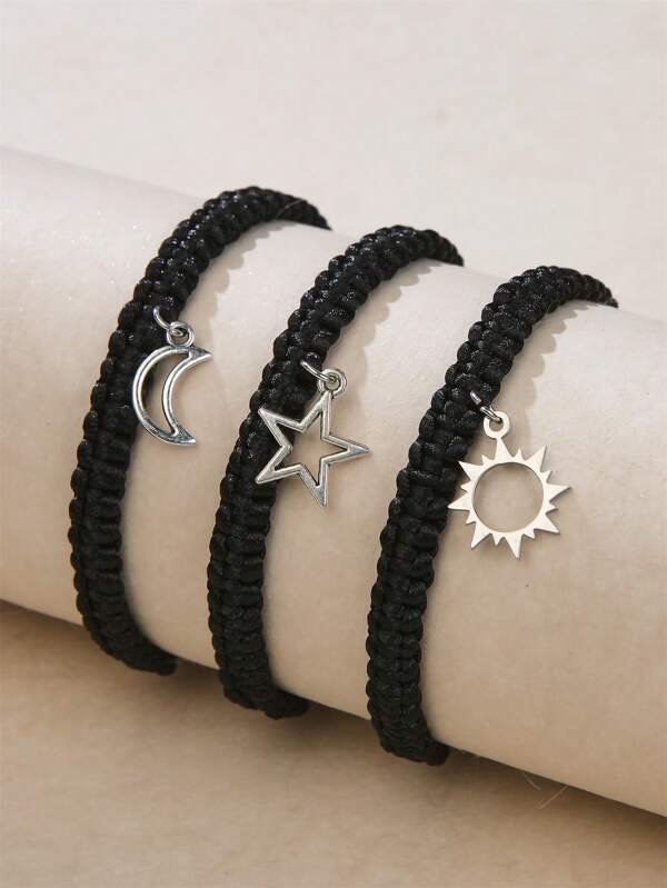 3pcs Metallic Silver Tone Adjustable String Bracelets With Star, Moon ...