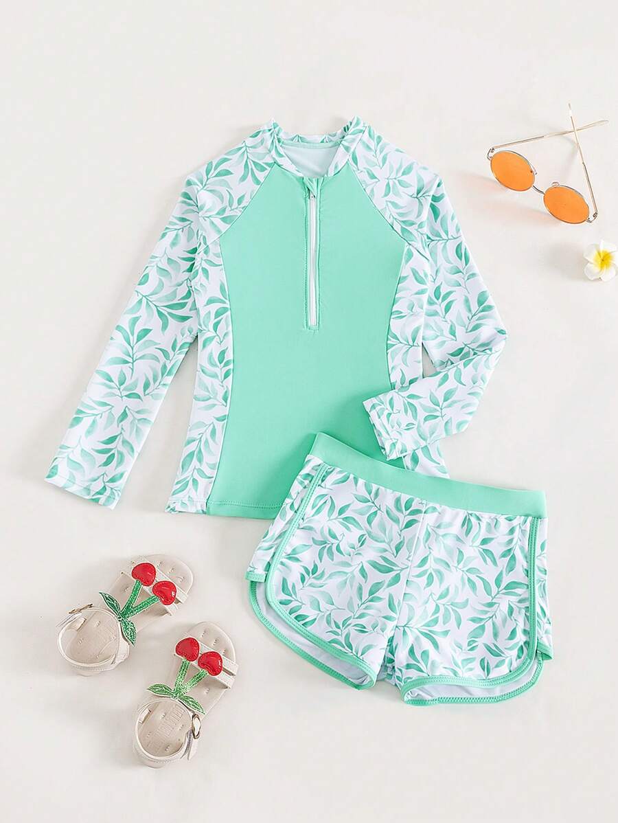 Tween Girl Plant Print Zipper Front Tankini Summer Beach | SHEIN USA