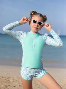 Tween Girl Plant Print Zipper Front Tankini Summer Beach | SHEIN USA