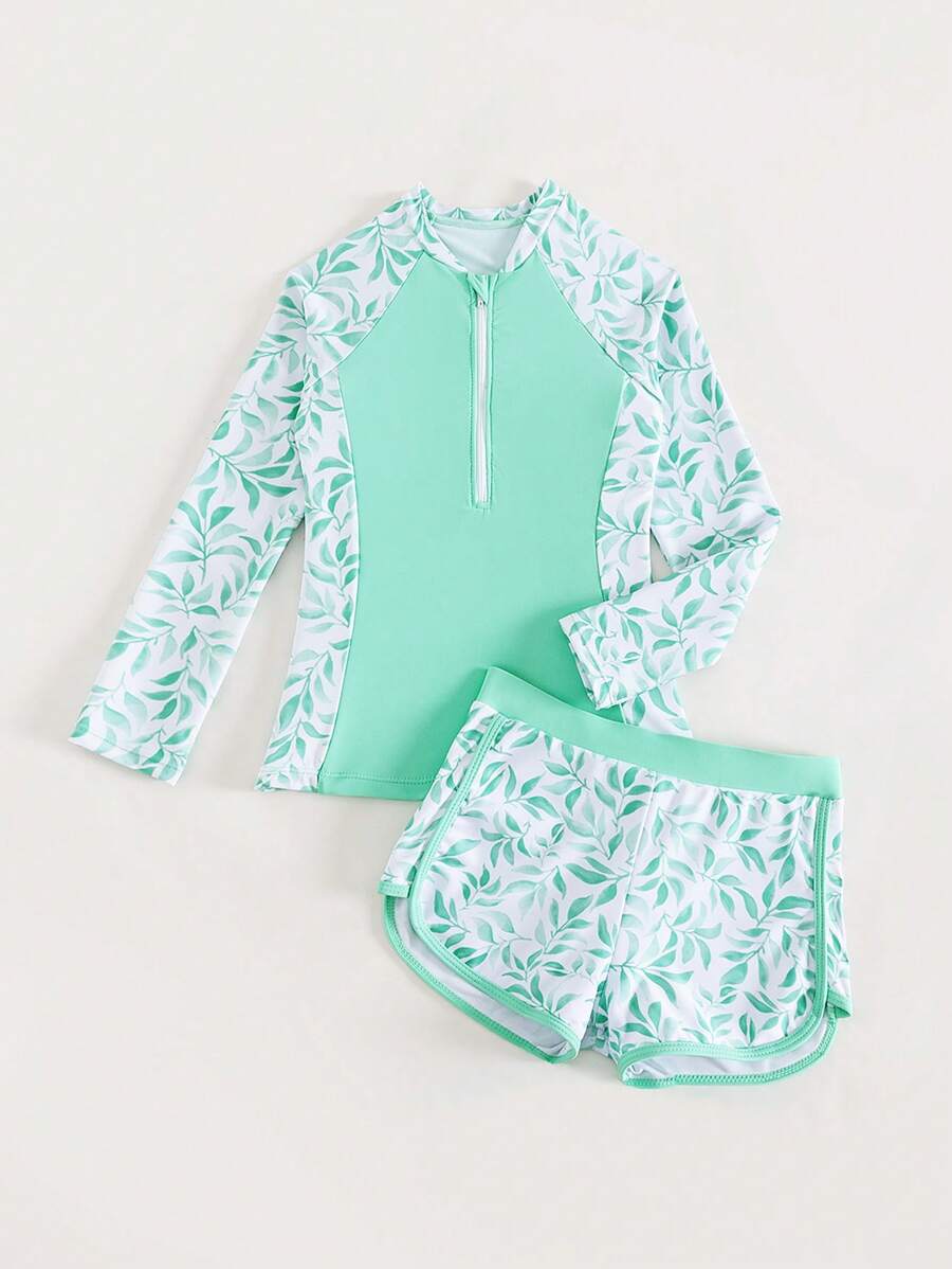 Tween Girl Plant Print Zipper Front Tankini Summer Beach | SHEIN USA