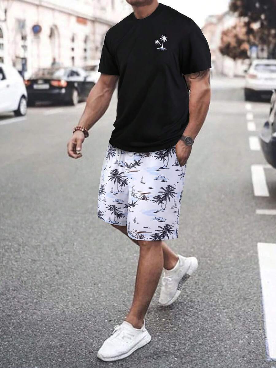 Manfinity RSRT Men Coconut Tree Print Tee & Drawstring Waist Shorts ...