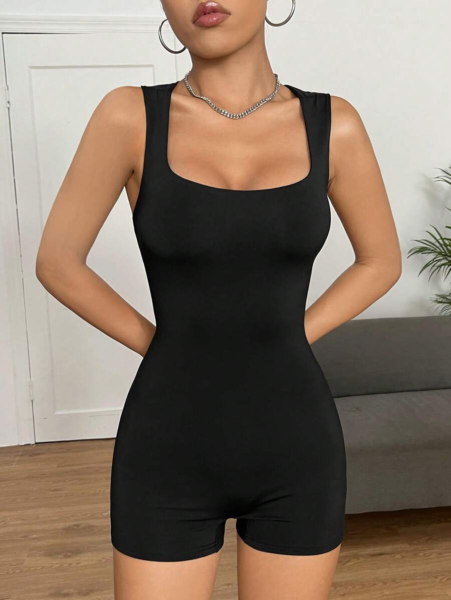 SHEIN EZwear Solid Square Neck Unitard Romper | SHEIN USA