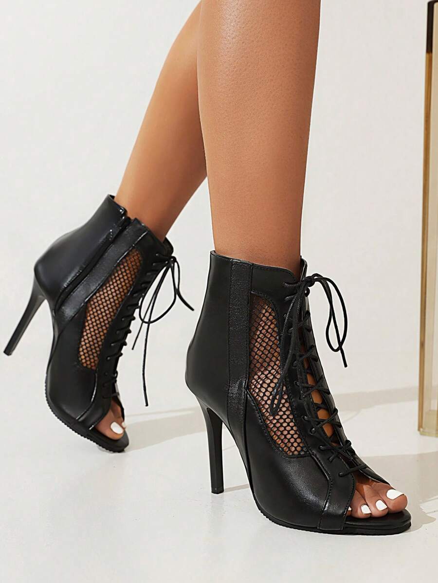 Women Lace Up Zipper Side Peep Toe Stiletto Heeled Boots, Elegant Black ...