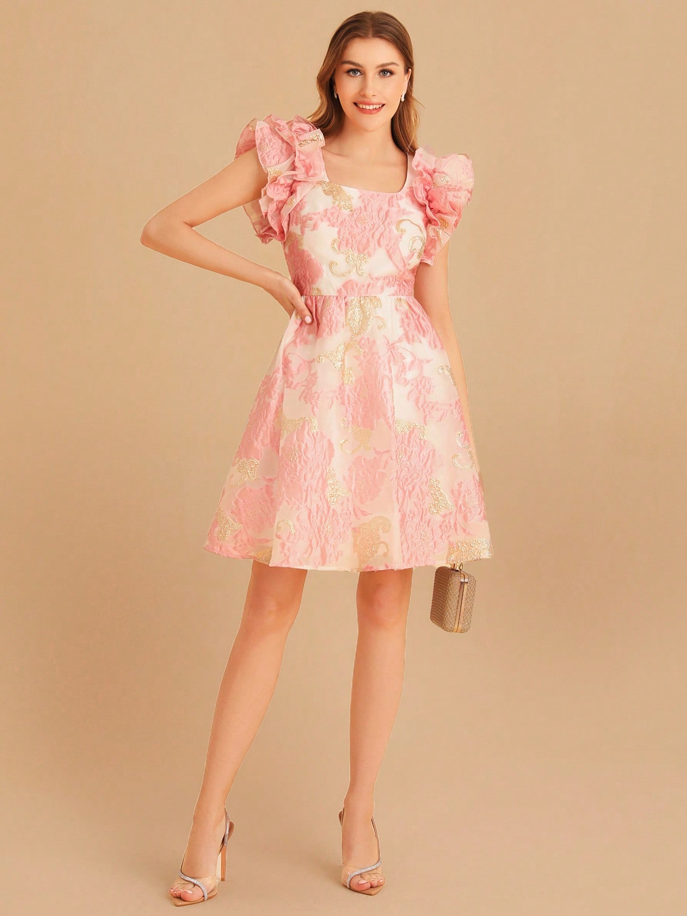 Shein Belle Floral Jacquard Ruffle Trim Square Neck Ruffle Trim Dress Shein Usa