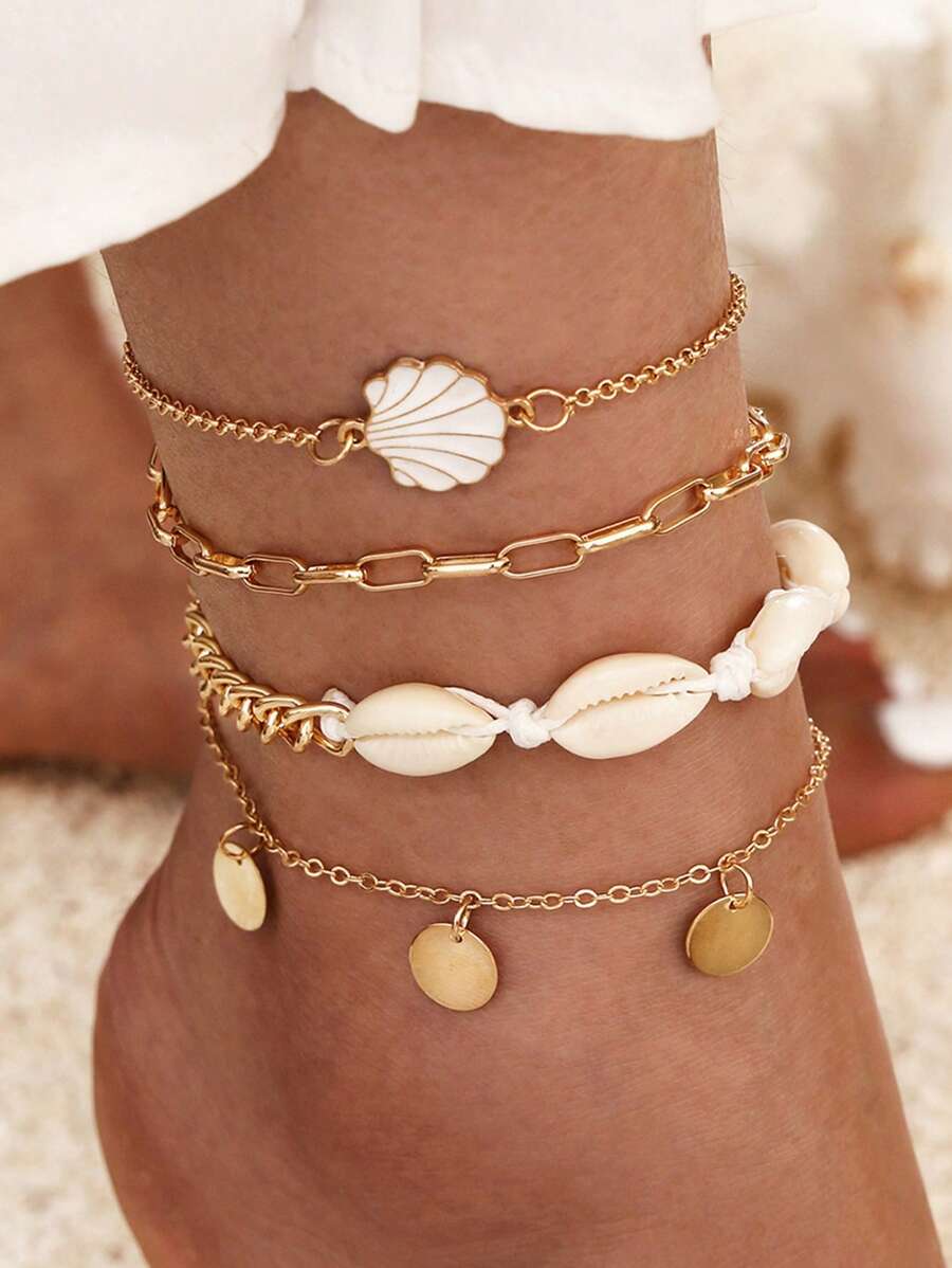 4pcs/set Bohemian Style Oil Drop Shell & Metal Disc & Natural Shell ...