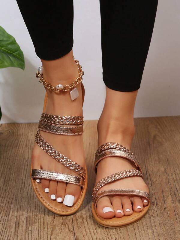 Women Metallic Braided Detail Slide Sandals Glamorous Summer Flat Sandals Shein Usa