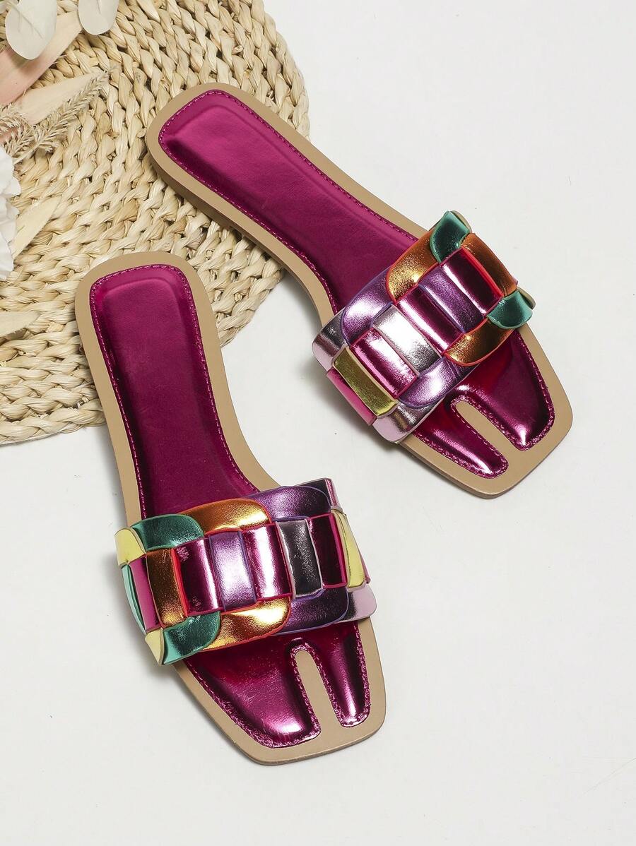 Fashionable Slide Sandals For Women, Colorblock Metallic Single Band ...