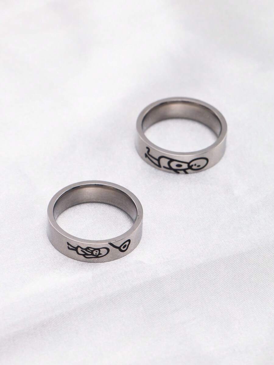 1pair Simple Couple Rings With Kiss and Heart Design, Stainless Steel ...
