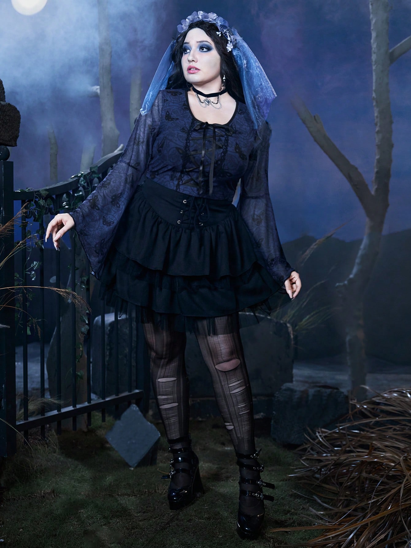 Corpse Bride | ROMWE Plus Butterfly Print Lace Up Front Trumpet Sleeve ...