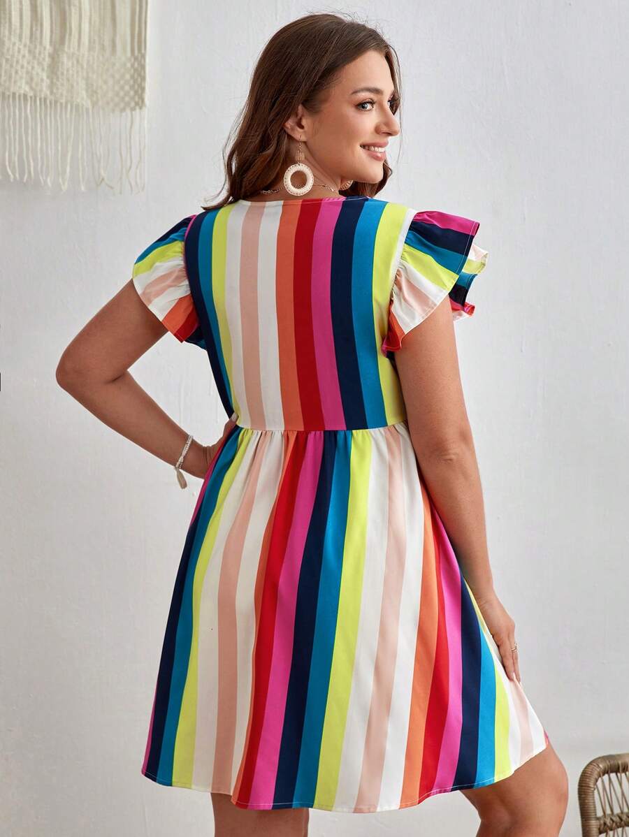Shein Vcay Mais Vestido De Bata Impressão Listrada Bloco De Cores Botão Frontal Shein Pt