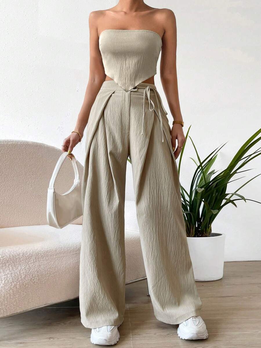 SHEIN Privé Solid Bandana Hem Tie Backless Tube Top & Wide Leg Trousers ...