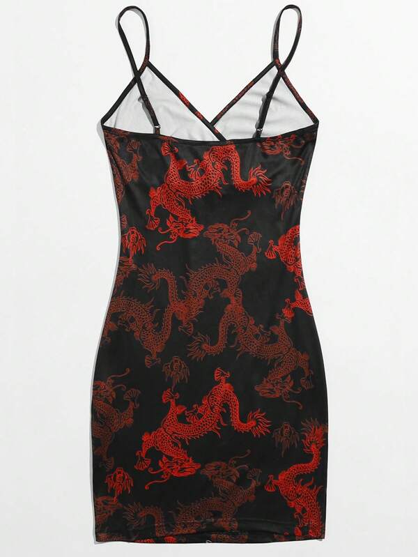 SHEIN BAE Surplice Neck Chinese Dragon Print Dress | SHEIN