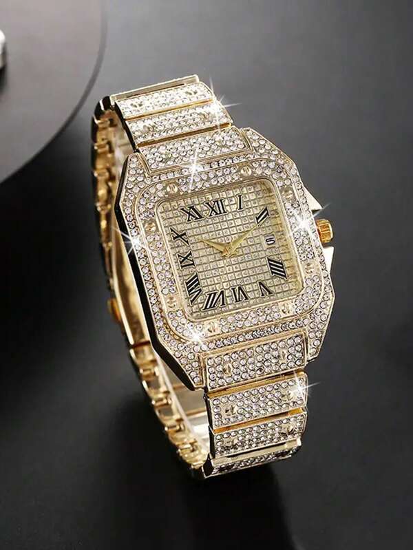 1pc Men Gold Stainless Steel Strap Glamorous Rhinestone Decor Square ...