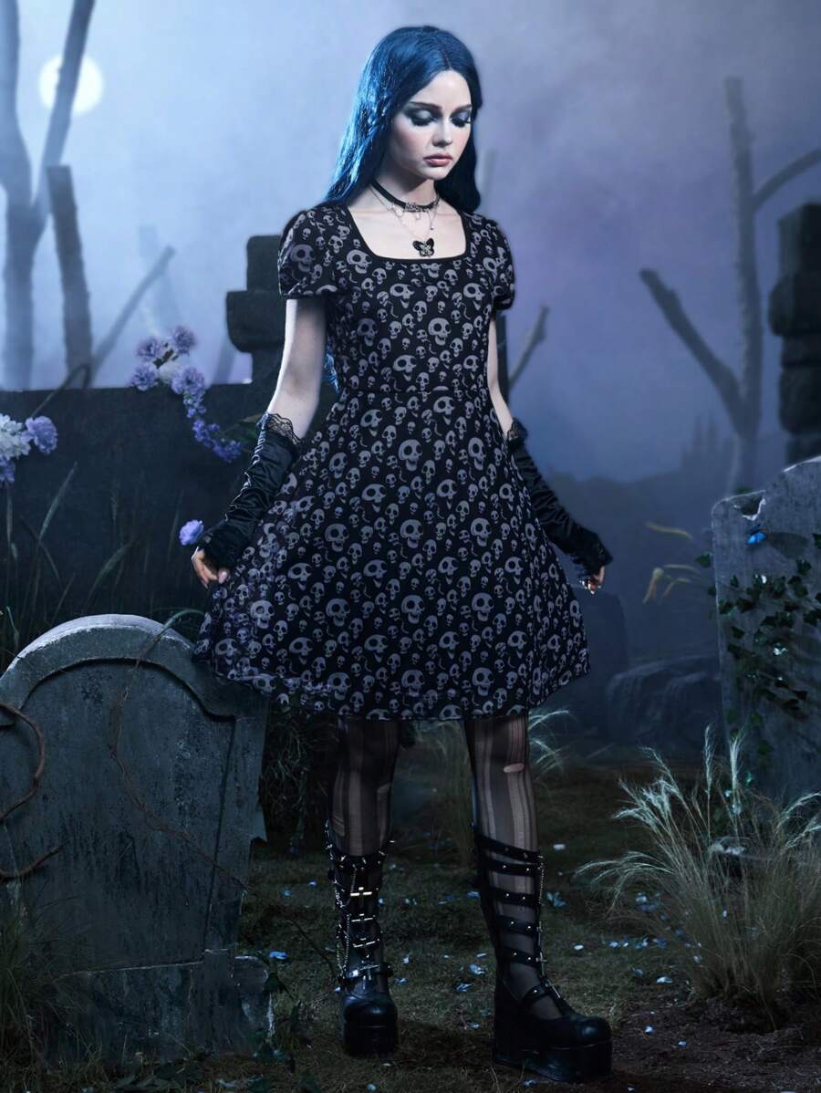 Corpse Bride | ROMWE Vestido estampado de cráneo de manga farol | Moda ...